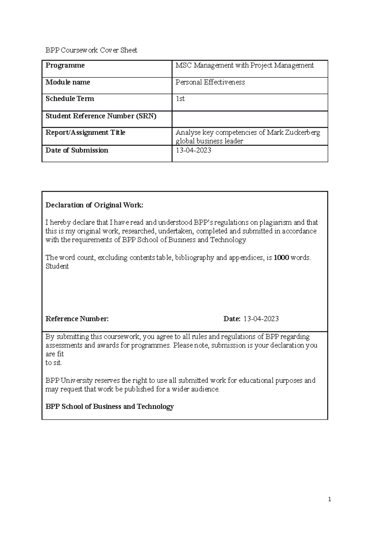 Mark zuckerberg - assignment - BPP Coursework Cover Sheet Programme MSC Management with Project ...