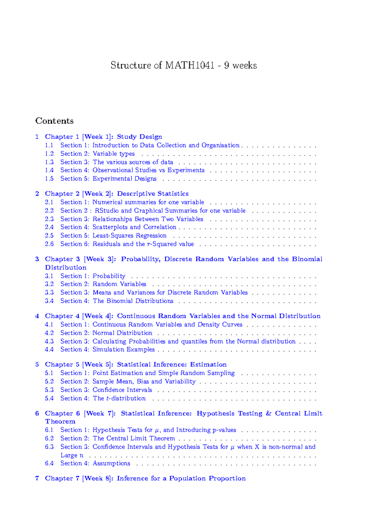 1041 Ouline-of-the-course - Structure of MATH1041 - 9 weeks Contents 1 ...