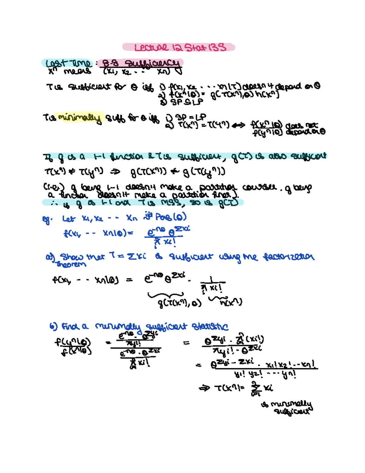 Lecture 13 Stat 135 Notes For Stat 135 Sufficiency With Prof Adam Lucas Lecture 12 Stat