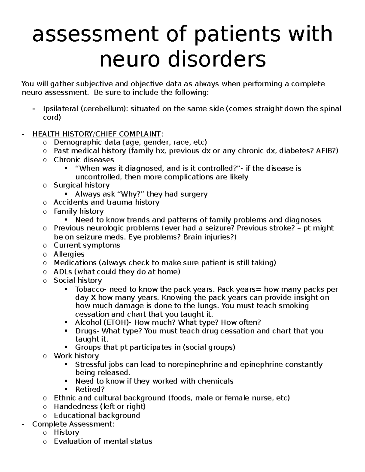 Neuro Handouts Study Guide - assessment of patients with neuro ...