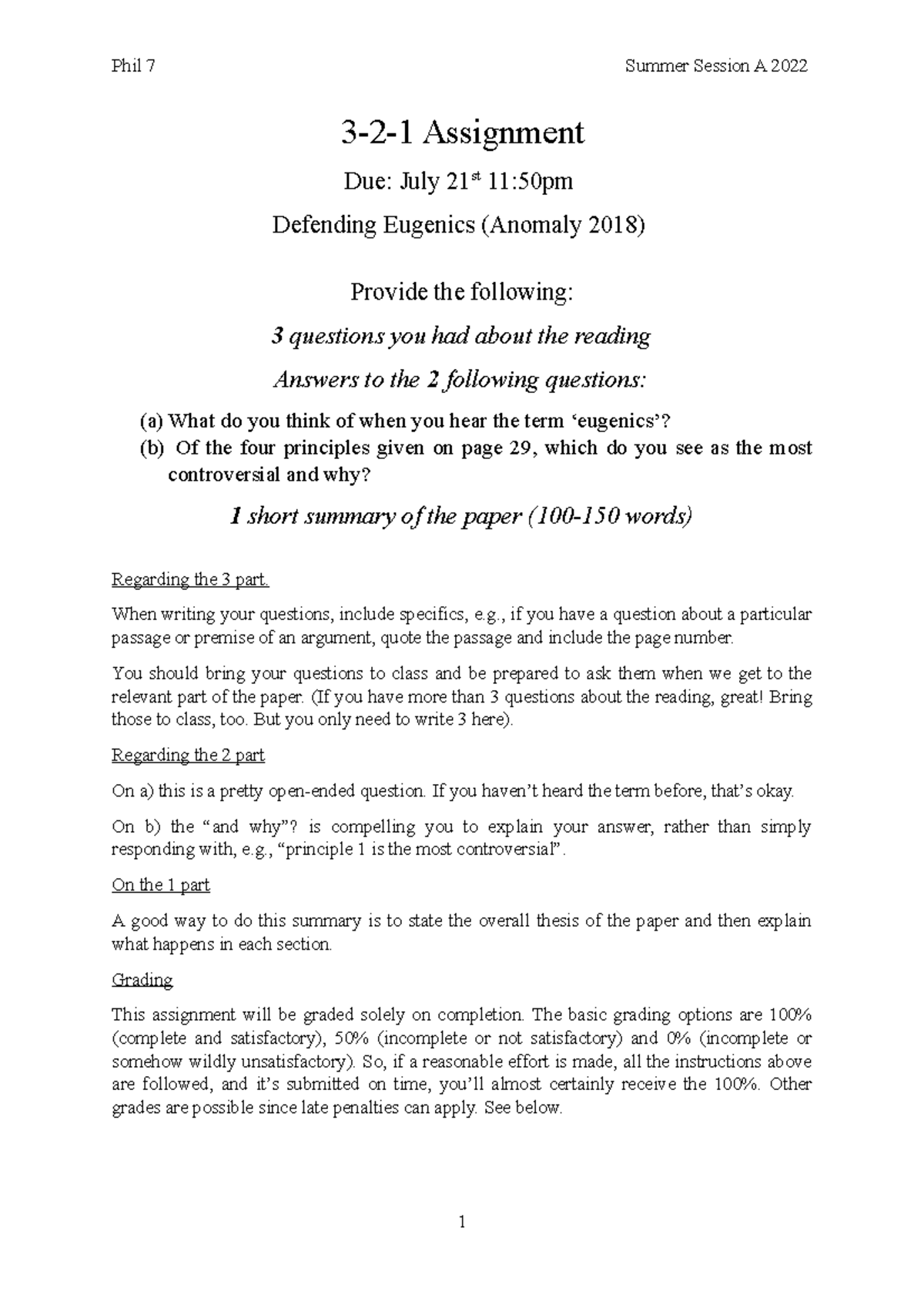 3-2-1 Assignment Eugenics - Phil 7 Summer Session A 2022 3-2-1 ...