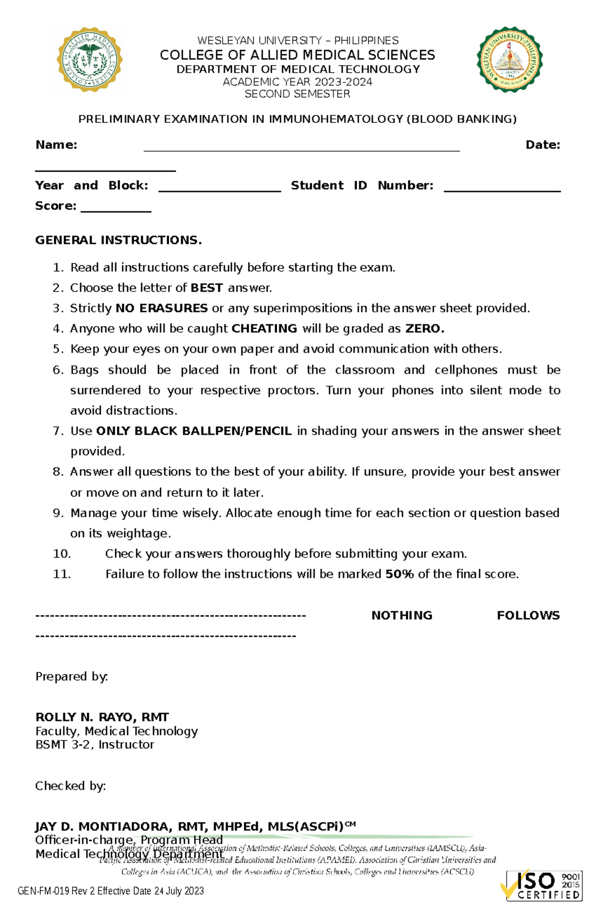 Preliminary Examination IN BB - COLLEGE OF ALLIED MEDICAL SCIENCES ...