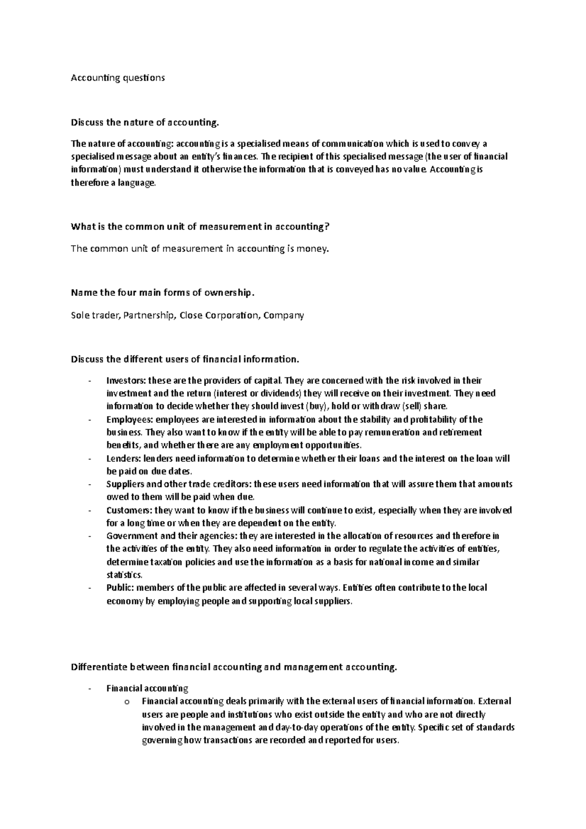 FAC1502 Accounting Study guide questions - Accounting questions Discuss the nature of accounting ...