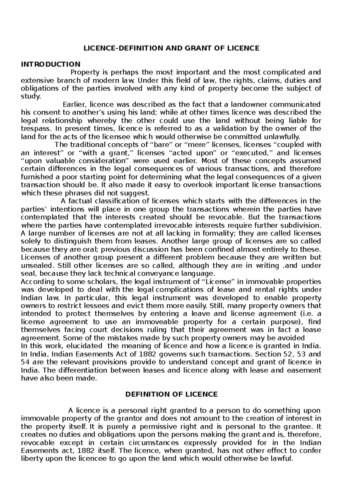 Licence Notes Transfer OF Property - LICENCE-DEFINITION AND GRANT OF ...
