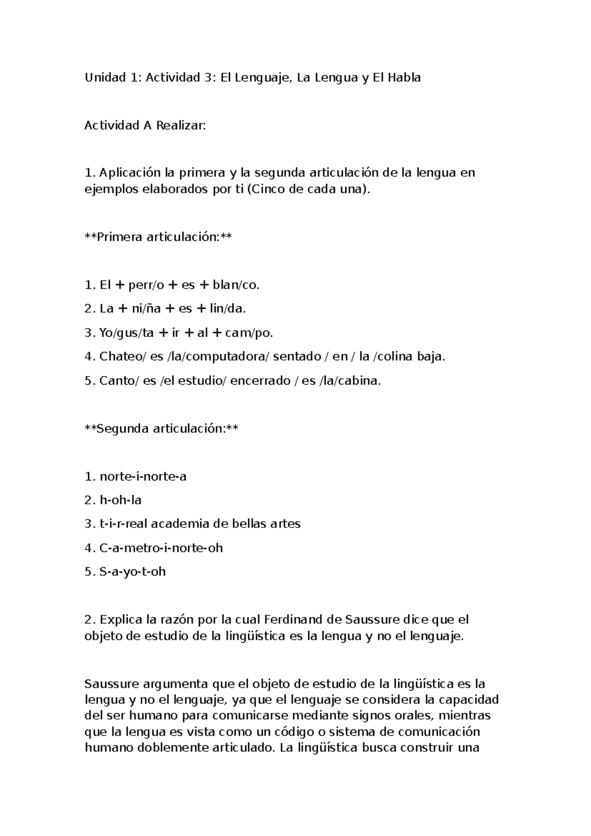 Unidad 1 - Unidad 1: Actividad 3: El Lenguaje, La Lengua y El Habla ...