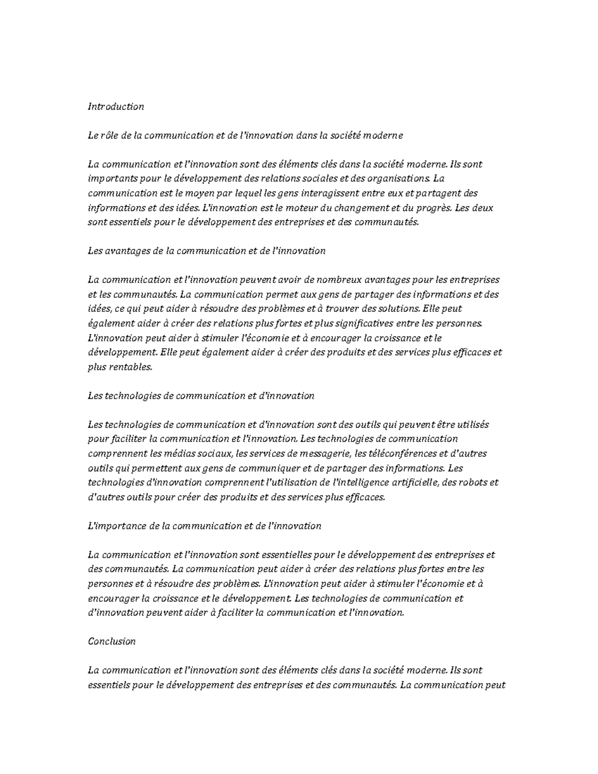 Communication and Innovation note study - Introduction Le rôle de la ...