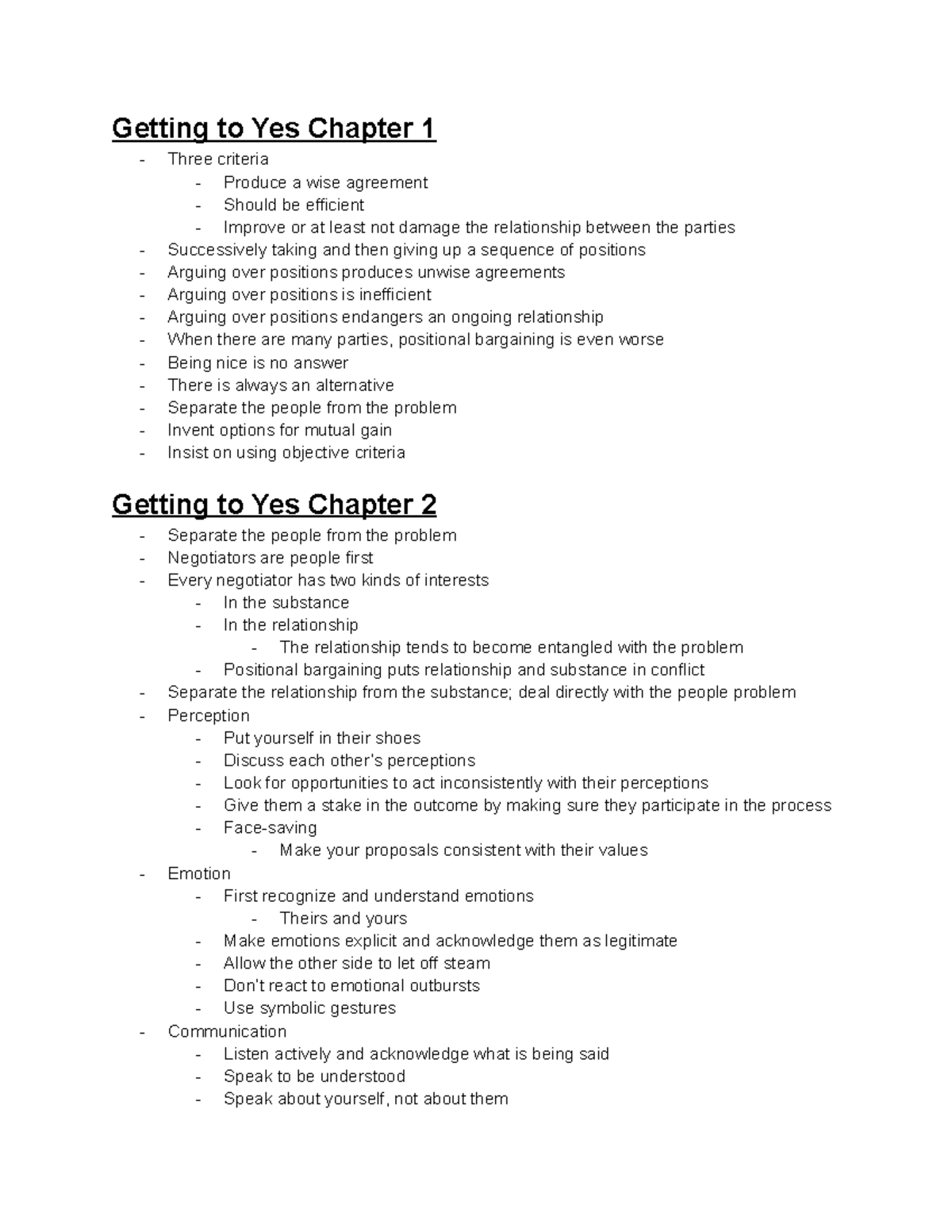 Getting to Yes Summaries - Getting to Yes Chapter 1 Three criteria ...