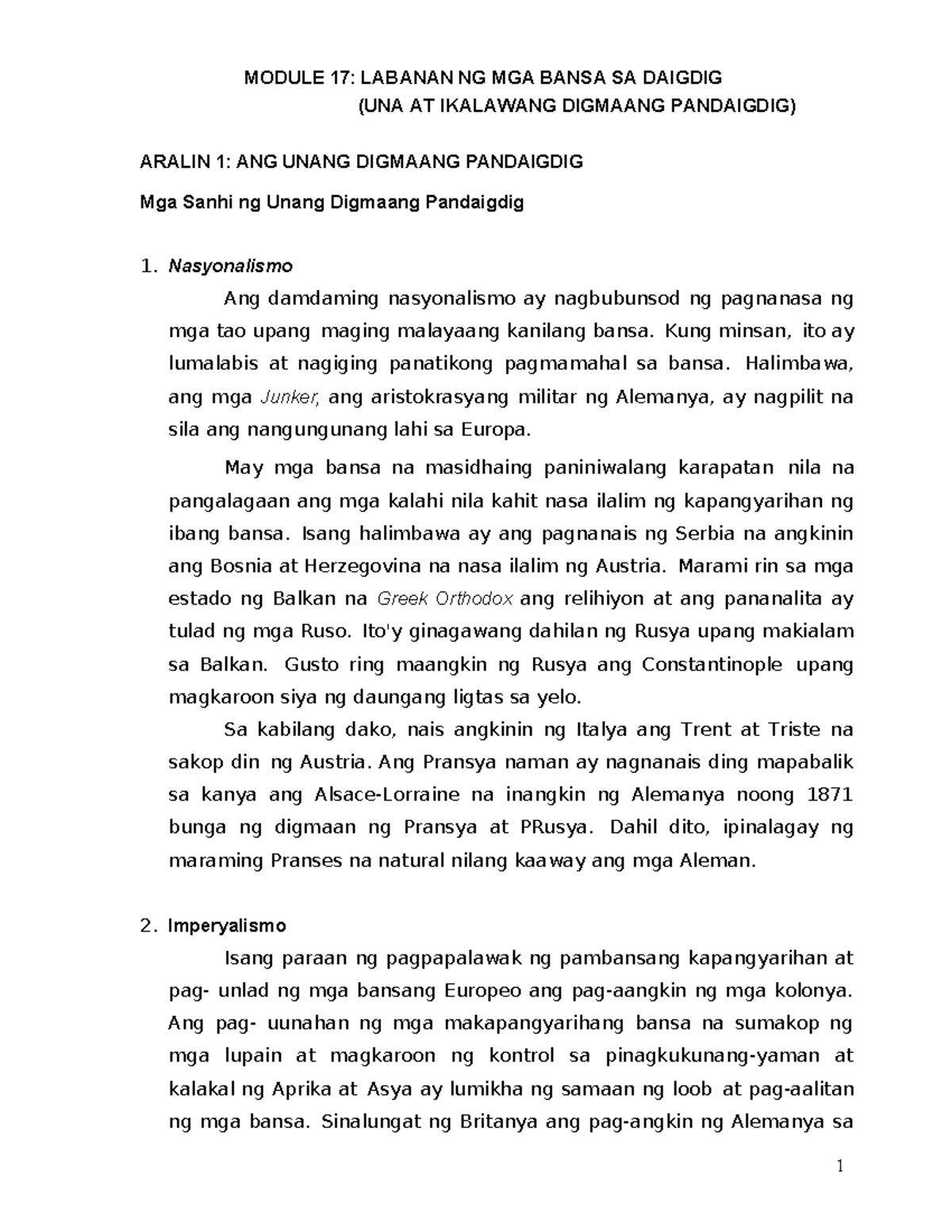 Labanan ng mga Bansa sa Daigdig 1 - MODULE 17: LABANAN NG MGA BANSA SA ...