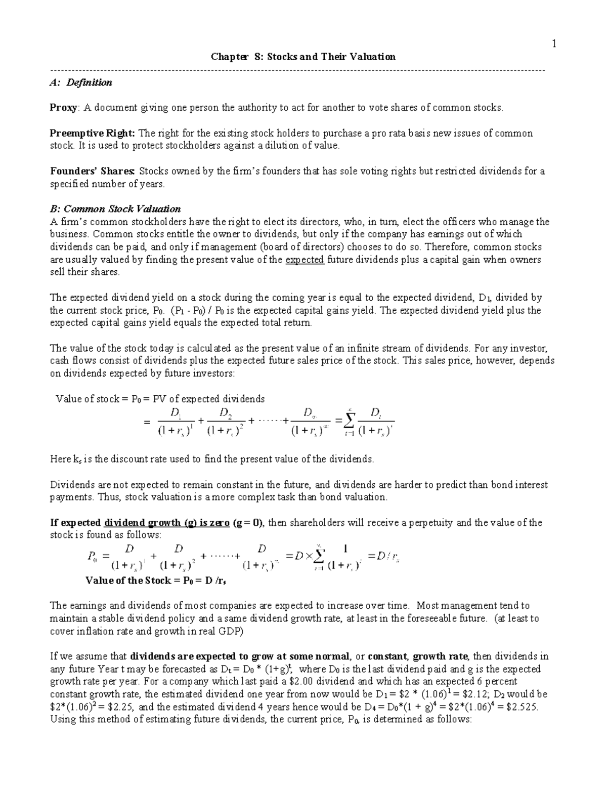FINC300 Chapter 8 Lecture - Chapter 8: Stocks and Their Valuation A ...