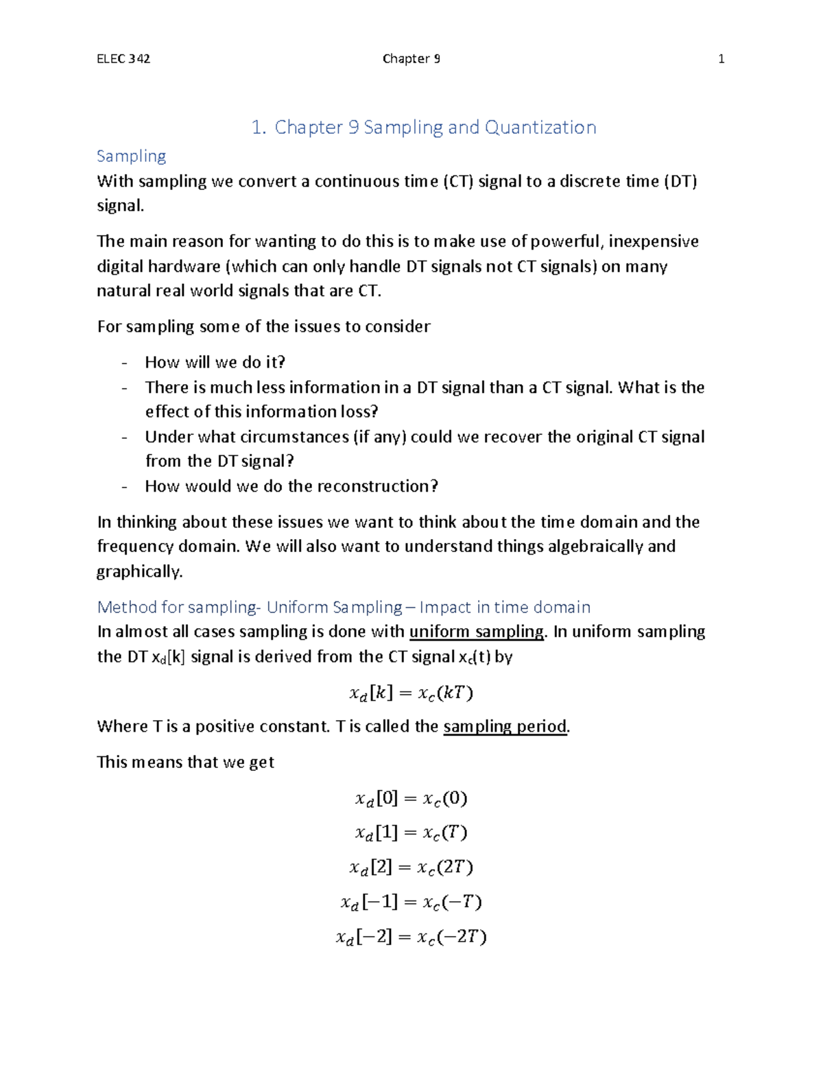Ch 9 sam - sam - 1. Chapter 9 Sampling and Quantization Sampling With sampling we convert a ...