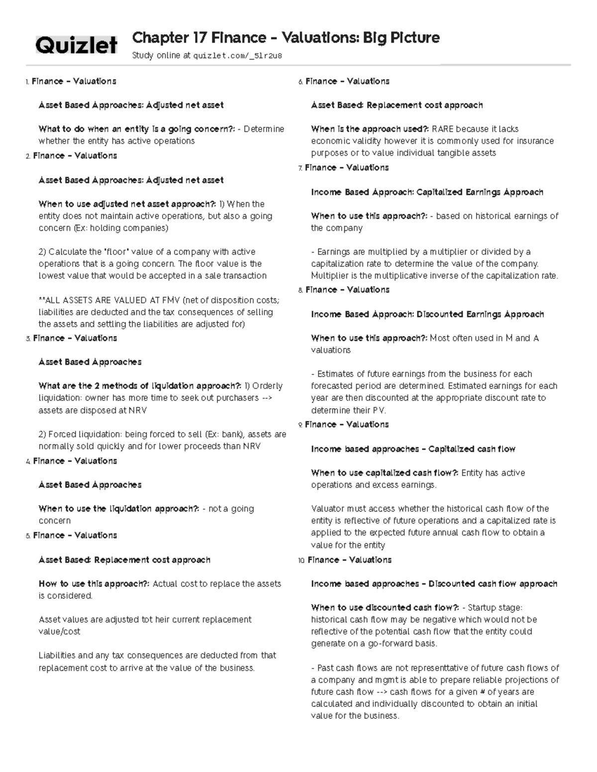 Finance - Chapter 17 - 1 - Valuations Asset Based Approaches: Adjusted ...