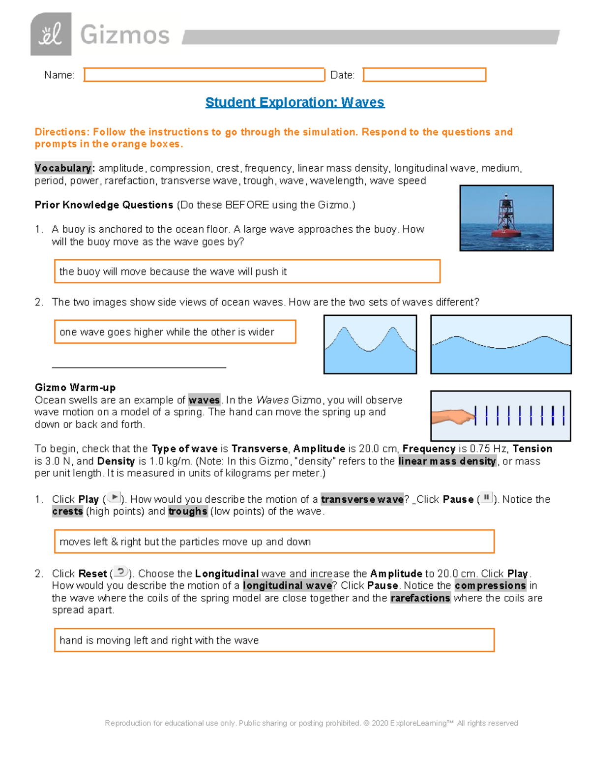 Copy of Waves SE - Work - Name: Date: Student Exploration: Waves ...