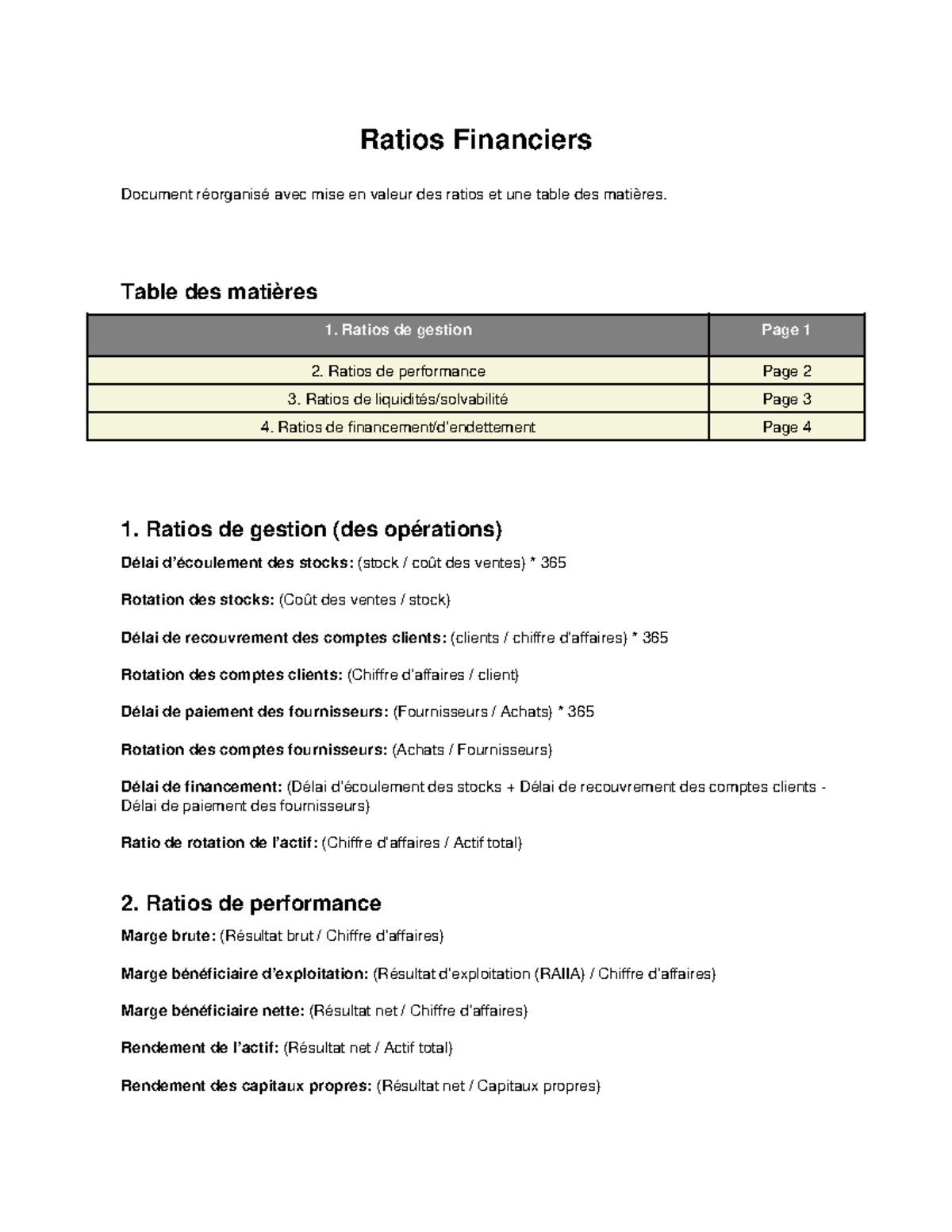 Ratios pour l'analyse - Ratios Financiers Document réorganisé avec mise en valeur des ratios et ...