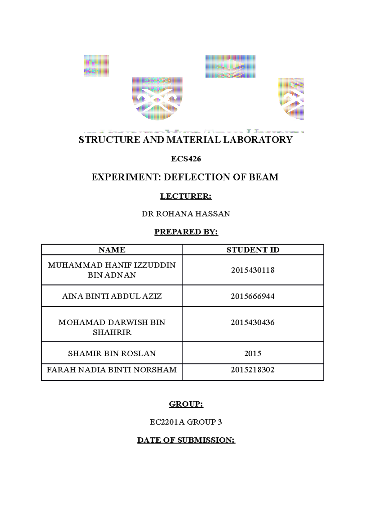 LAB Deflection OF BEAM - STRUCTURE AND MATERIAL LABORATORY ECS ...