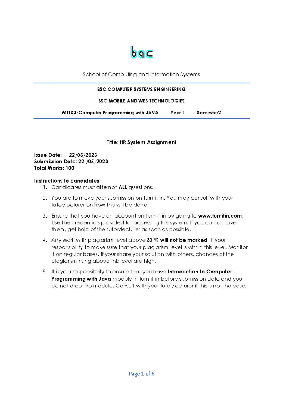 JAVA 2023 Assignment - Java Progamming Languange - School of Computing and Information Systems ...