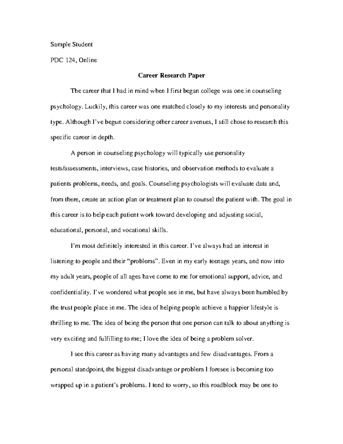 Student Career Research Paper Sample Student PDC 124 Online Career