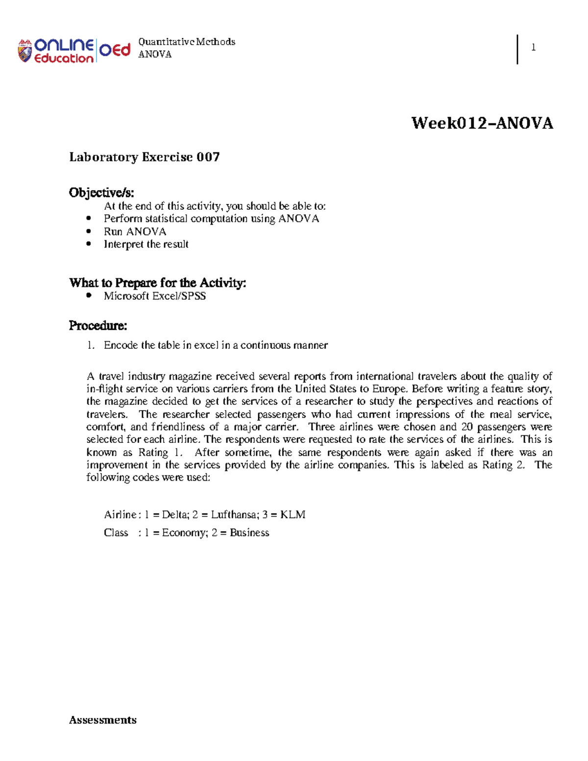 Week012-Lab Ex 007 (revised) - Quantitative Methods ANOVA 1 Week012–ANOVA Laboratory Exercise ...