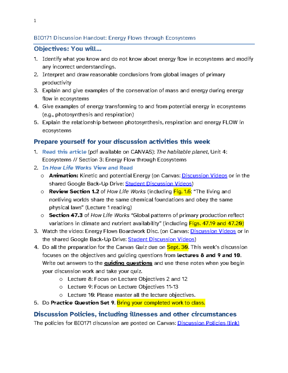 Energy Flows Handout BIO171 - BIO171 Discussion Handout: Energy Flows ...