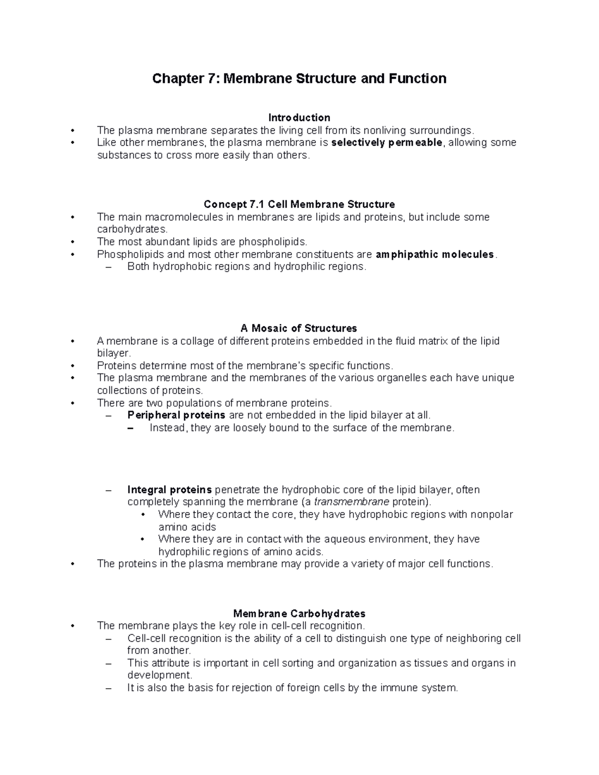 Biology I Chapter 7 - Chapter 7: Membrane Structure and Function ...