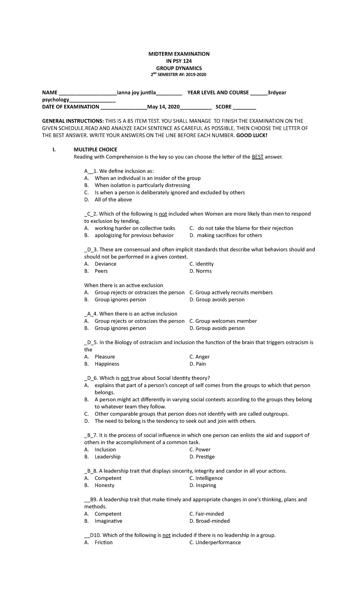 7.1 Midterm- Examination-in-Group-Dynamics - BS Psychology - Studocu