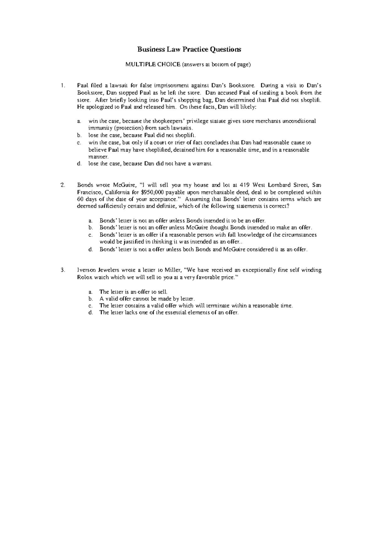 Law quiz chapter's - Business Law Practice Questions MULTIPLE CHOICE ...