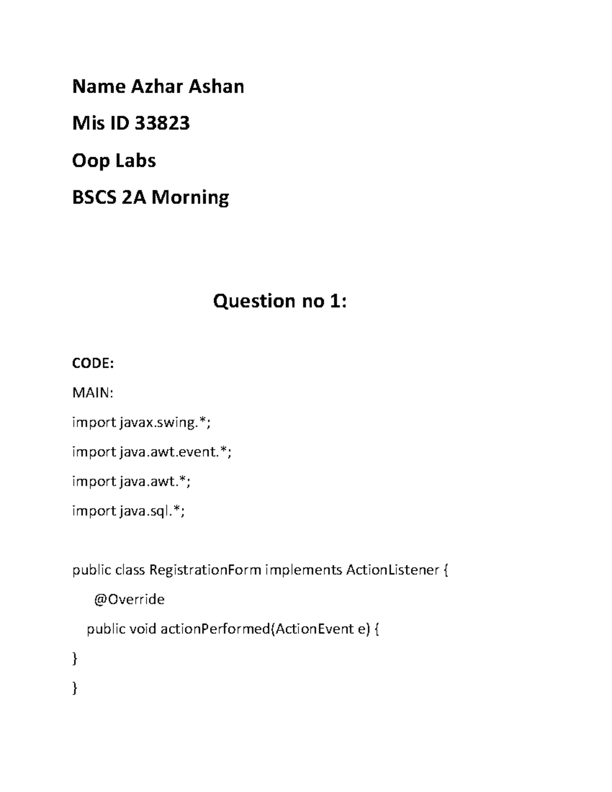 33823 - Paper OF Dld - Name Azhar Ashan Mis ID 33823 Oop Labs BSCS 2A ...