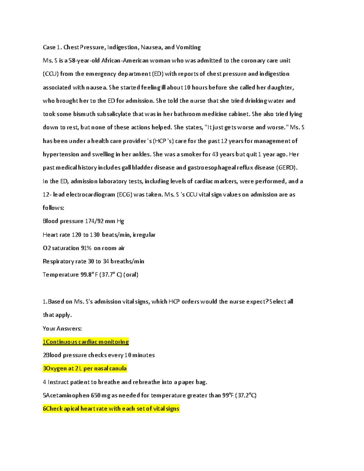 Cardiac case study - Case 1. Chest Pressure, Indigestion, Nausea, and ...