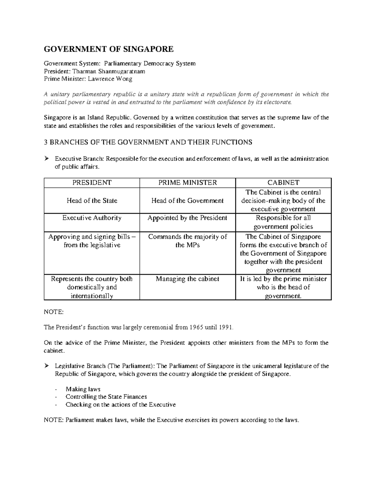 Government OF Singapore - GOVERNMENT OF SINGAPORE Government System ...