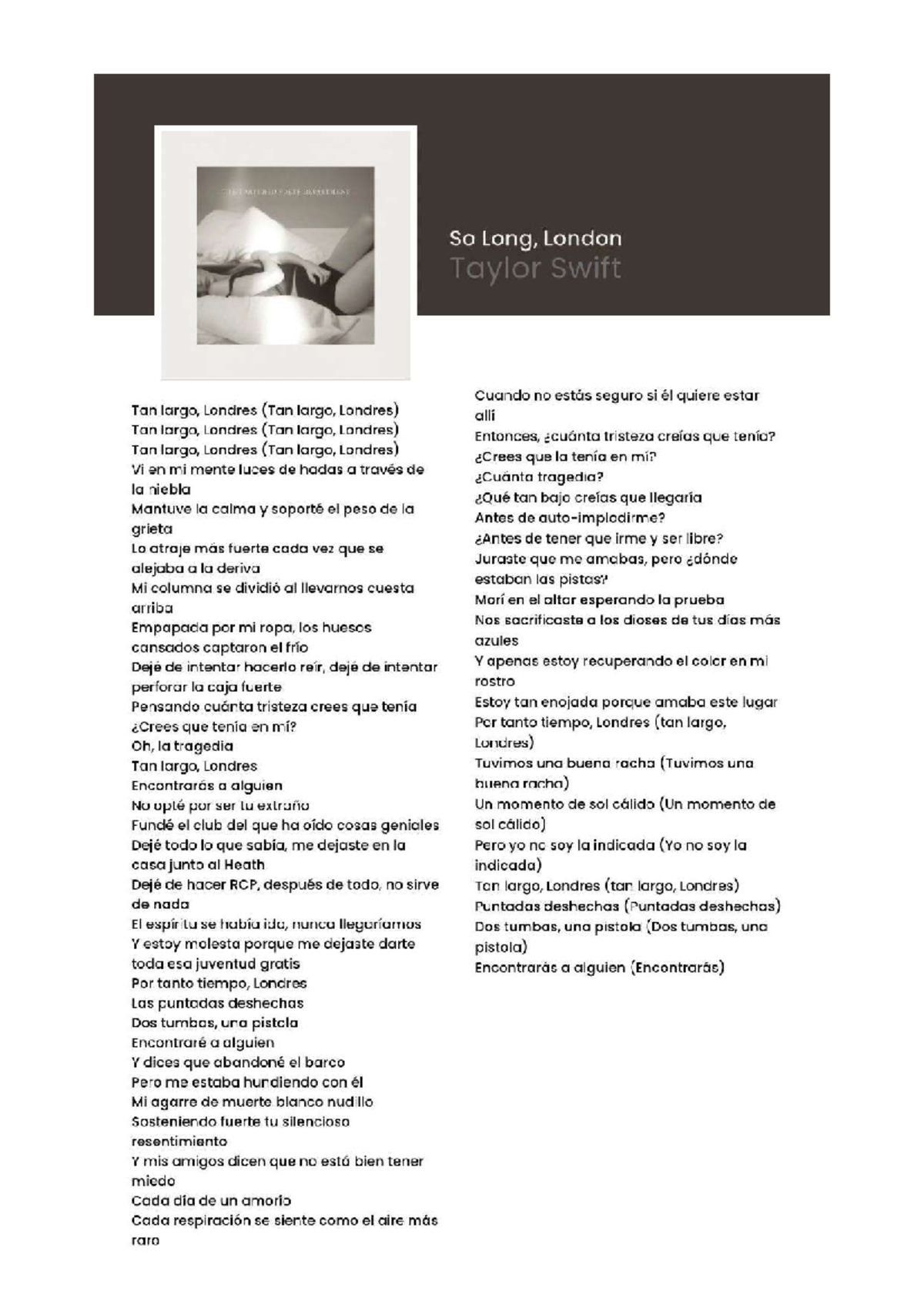 Taylor Swift lyric - Literatura Universal - Studocu