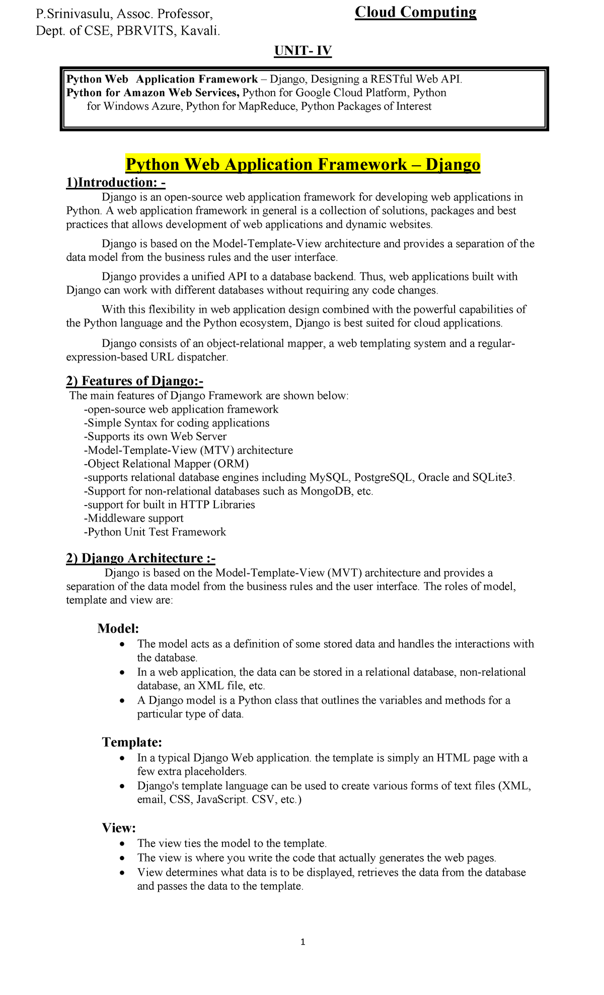 CC Unit-4 - Ntg - P, Assoc. Professor, Dept. of CSE, PBRVITS, Kavali. UNIT- IV Python Web - Studocu