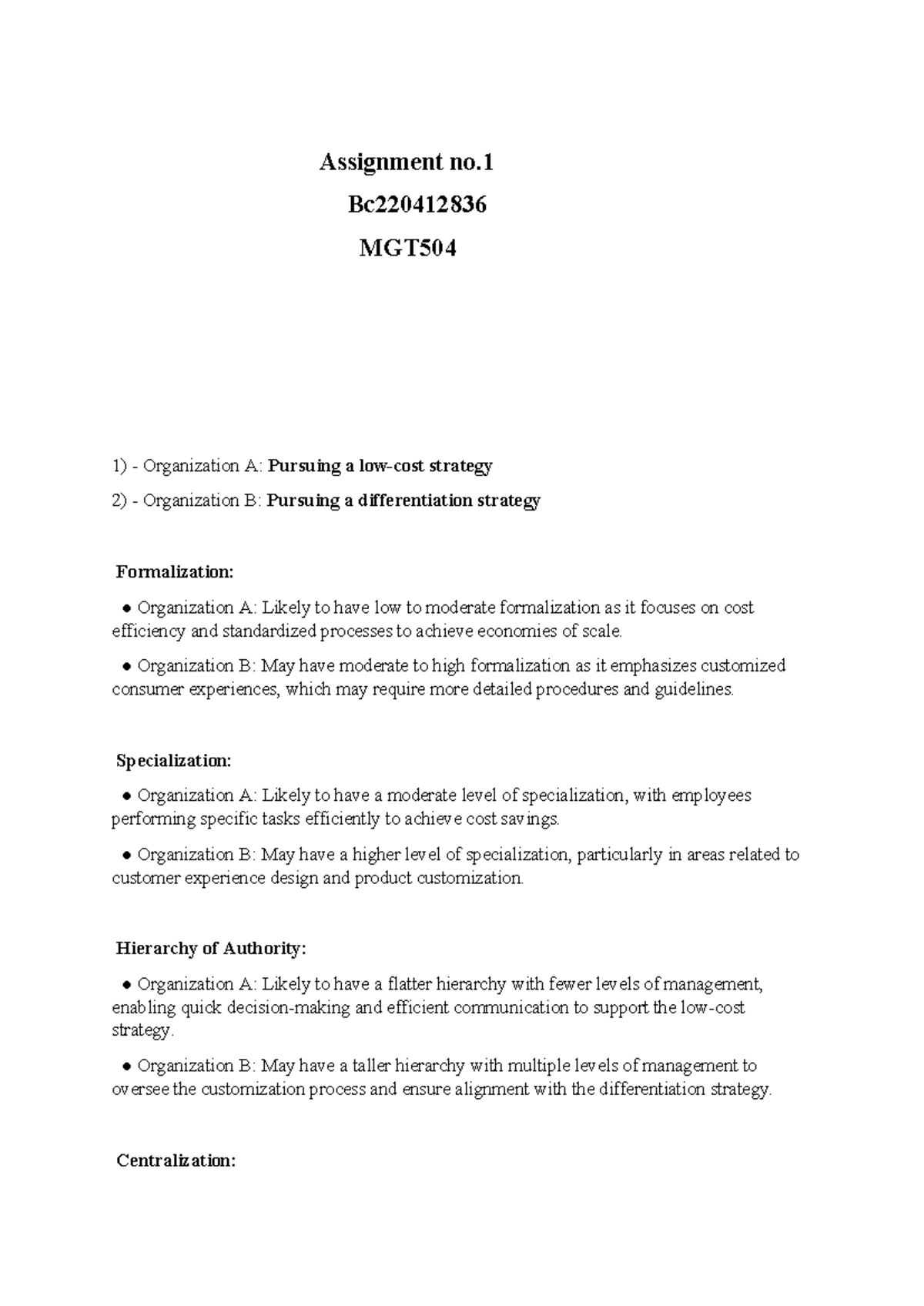 MGT504 assignment 1 - Assignment no. Bc MGT 1) - Organization A ...