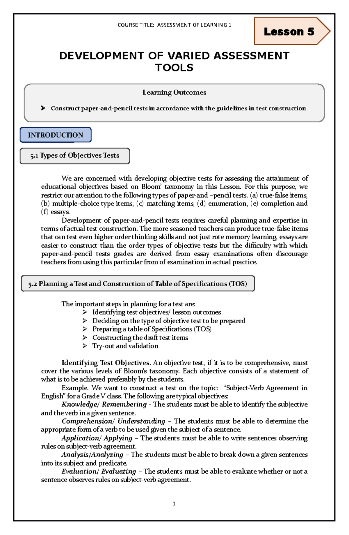Assessment of Learning Module 3 - DEVELOPMENT OF VARIED ASSESSMENT ...