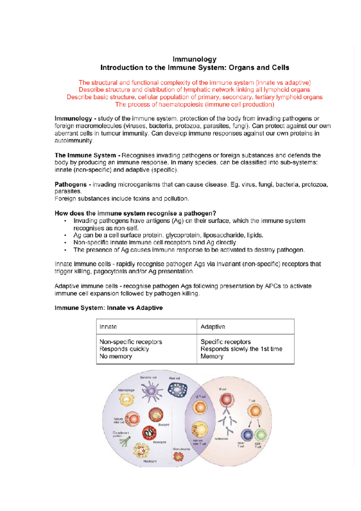 Immunity notes - Immunology Introduction to the Immune System: Organs ...
