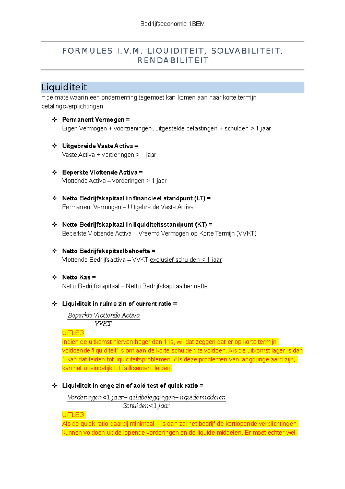 Formules ratio's Funda - Bedrijfseconomie 1BEM FORMULES I.V ...