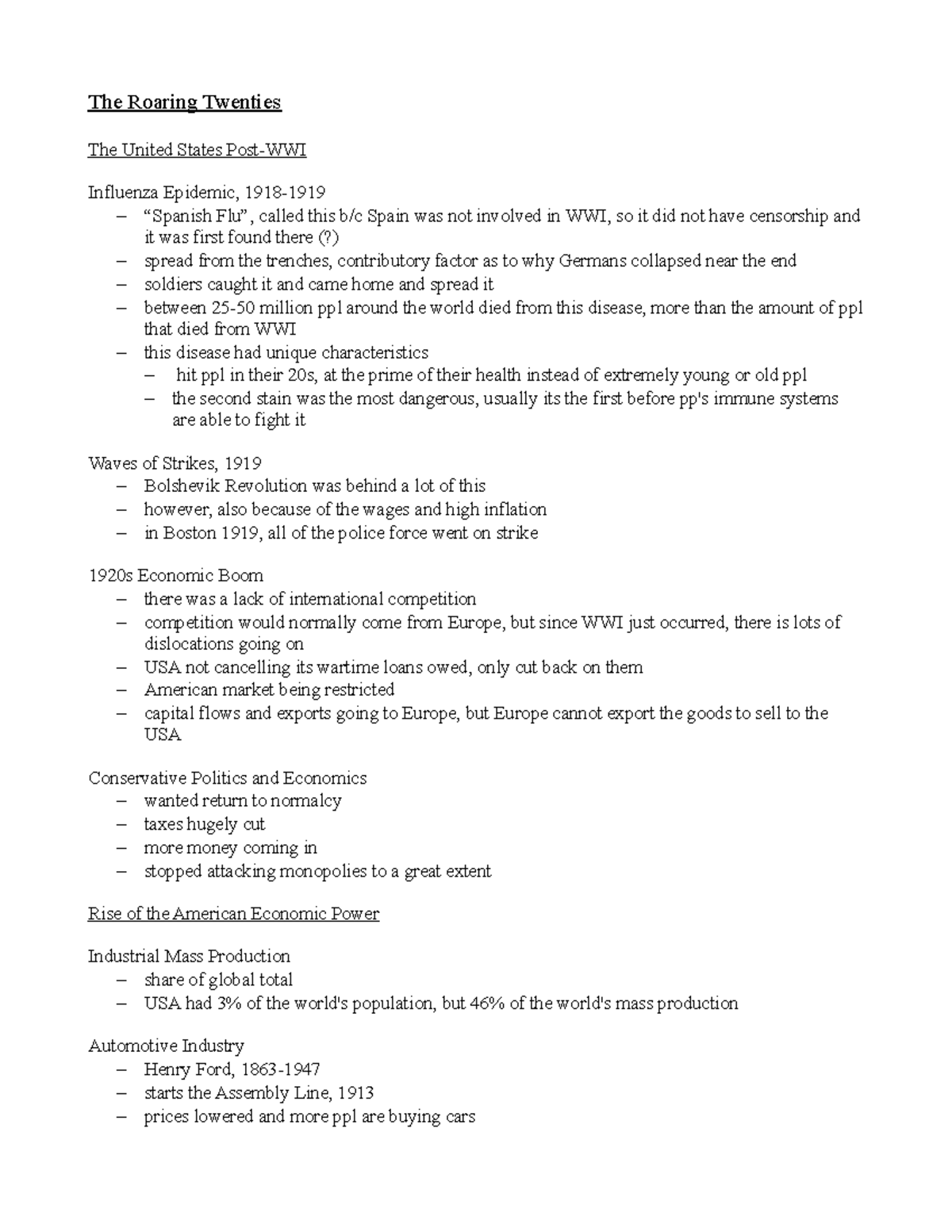 The Roaring Twenties - Lecture notes 15 - The Roaring Twenties The ...