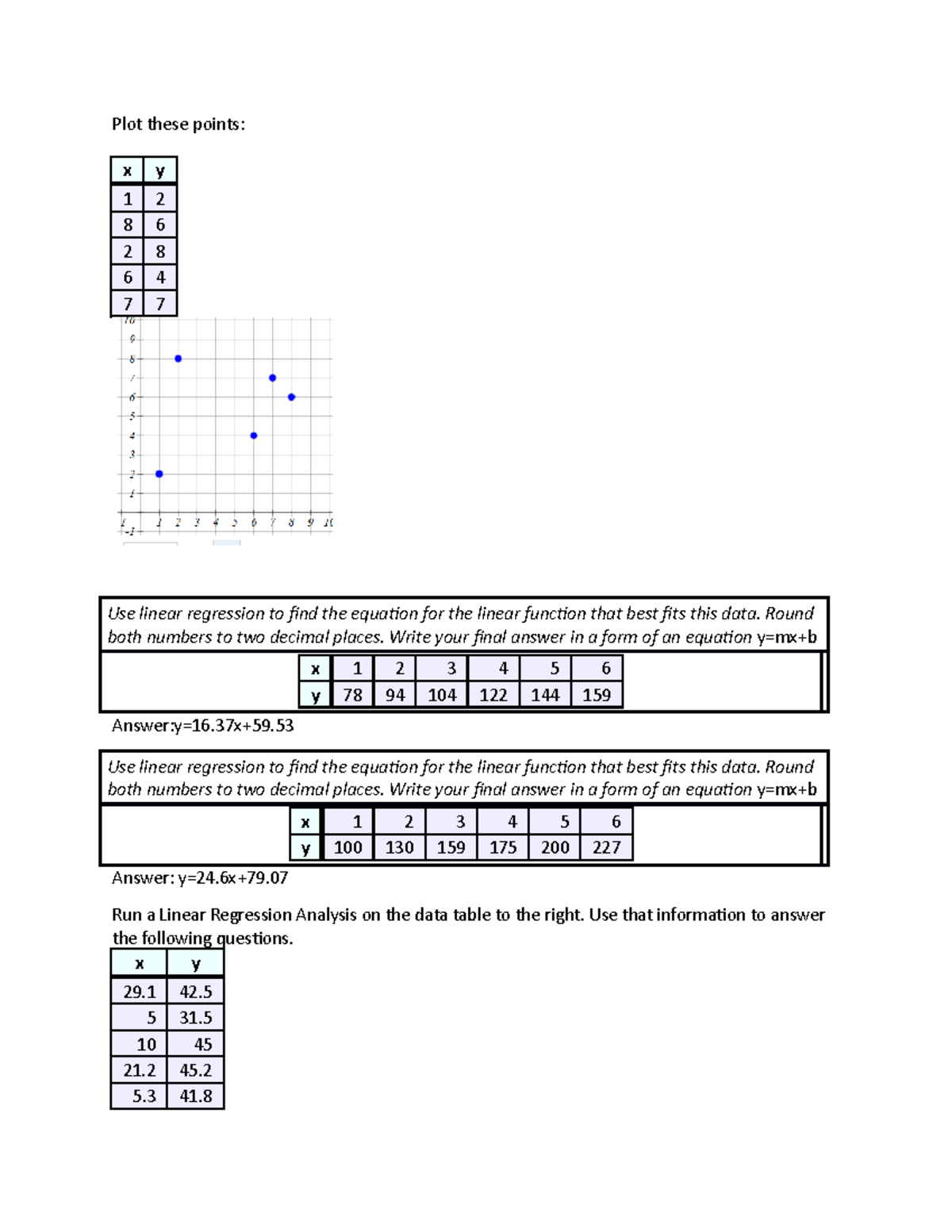 Chapter 5 - Plot these points: x y 1 2 8 6 2 8 6 4 7 7 Use linear ...