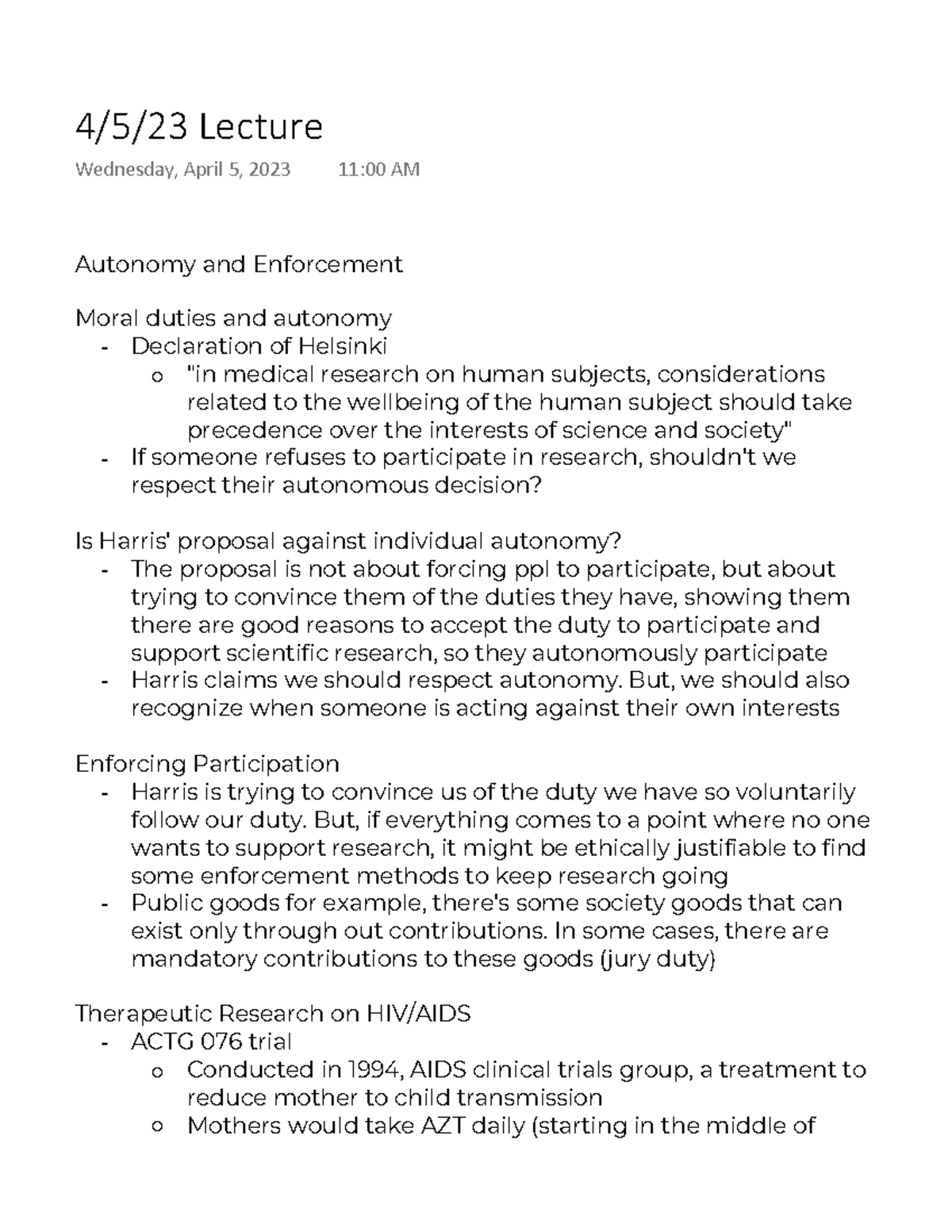 4523 Lecture - notes - Autonomy and Enforcement Moral duties and ...