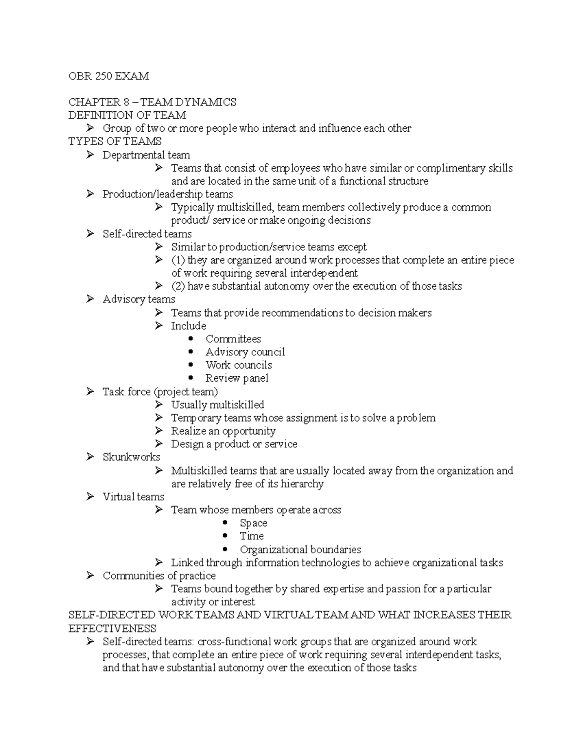 FINAL EXAM 12 December 2018 - OBR 250 EXAM CHAPTER 8 – TEAM DYNAMICS ...