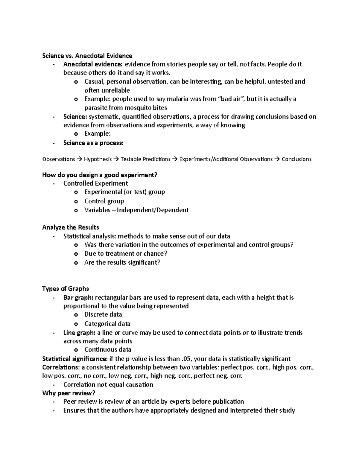 Test 1 Notes - BIO Exam 1 - Science vs. Anecdotal Evidence - Anecdotal ...