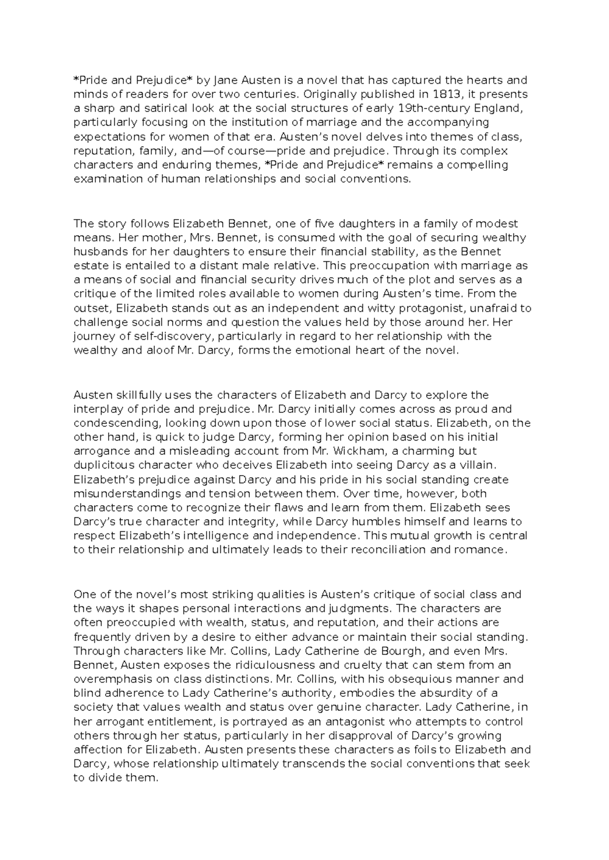 Pride and prejudice analysis - Pride and Prejudice by Jane Austen is a ...