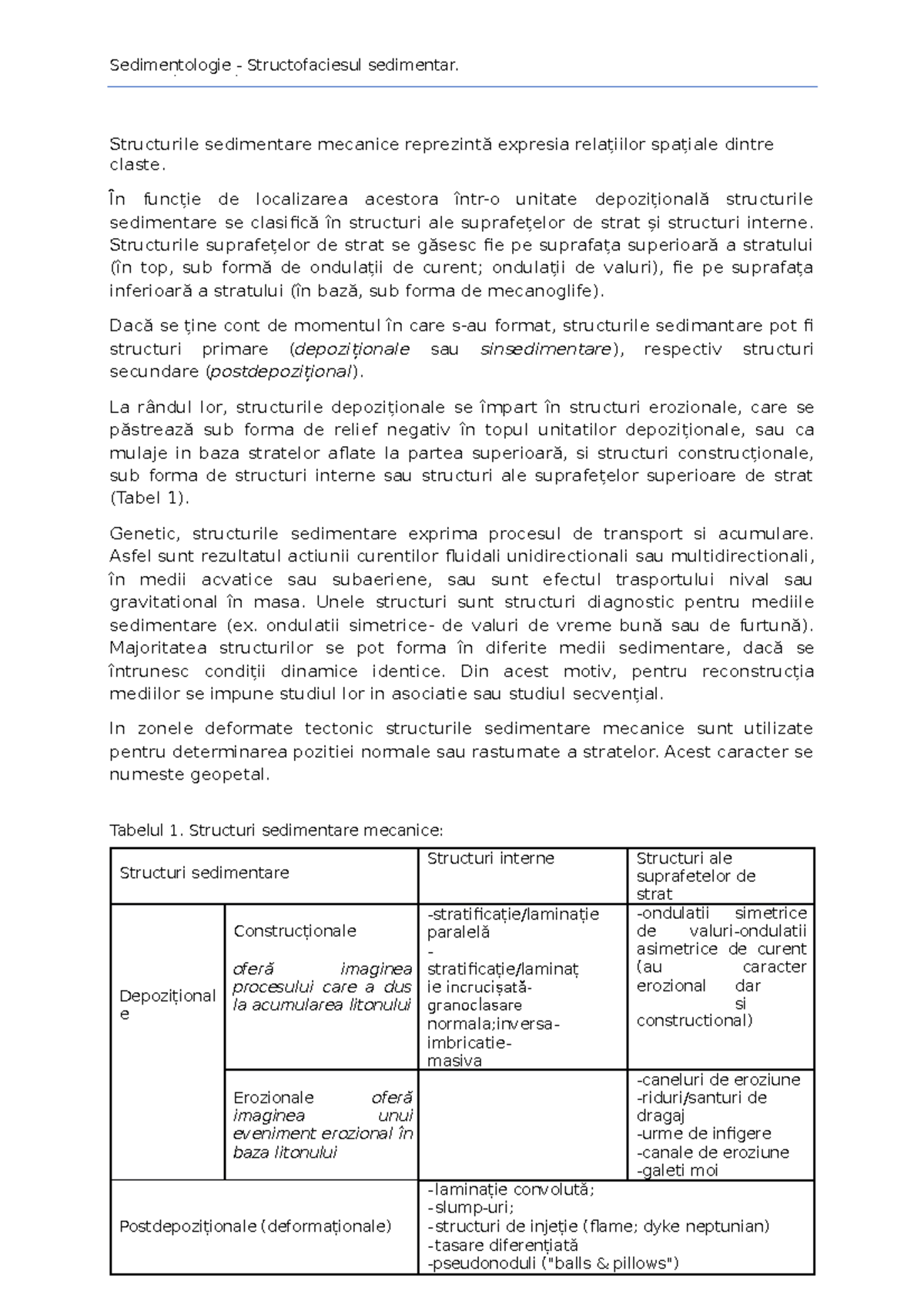 Structuri sedimentare mecanice - În funcție de localizarea acestora ...