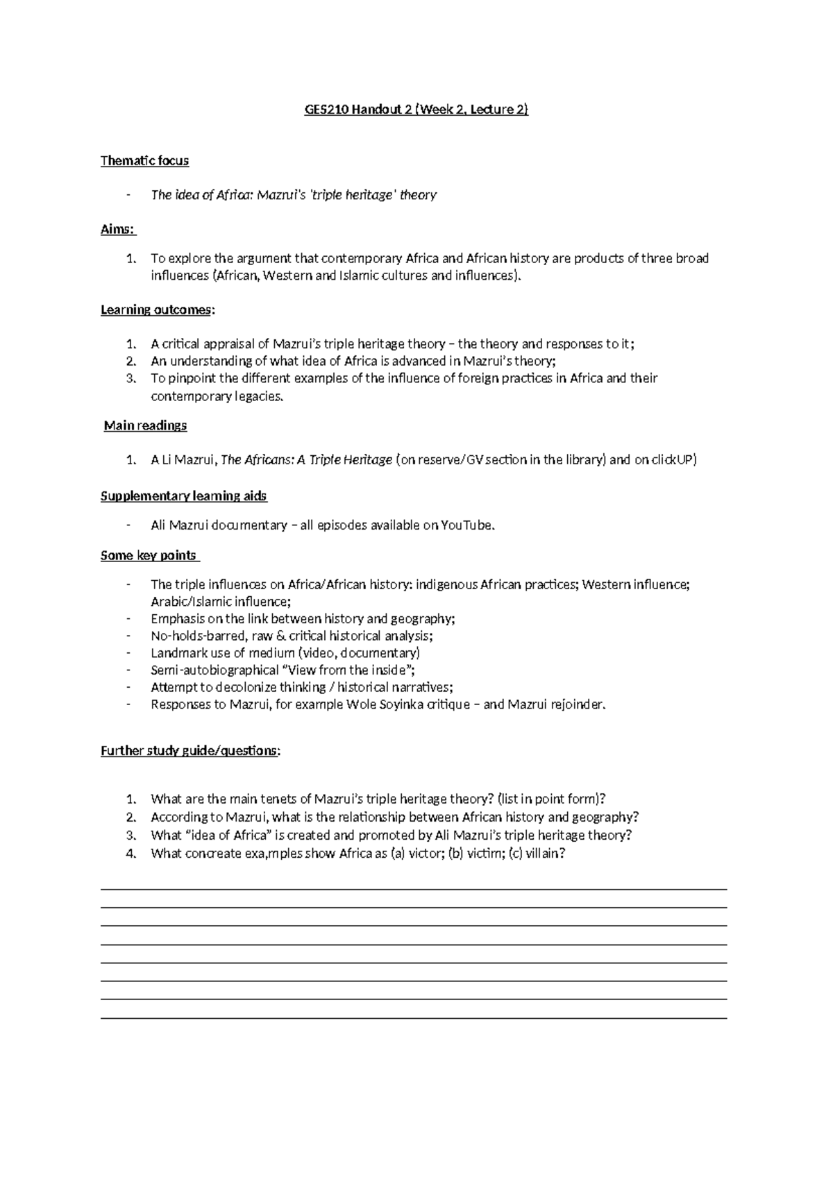 Week 2 Lecture 2 Handout - GES210 Handout 2 (Week 2, Lecture 2) Thematic focus The idea of ...