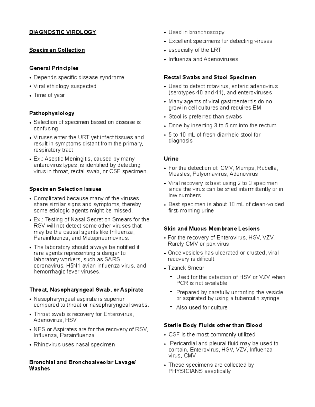 Diagnostic-Virology - summaries - DIAGNOSTIC VIROLOGY Specimen ...