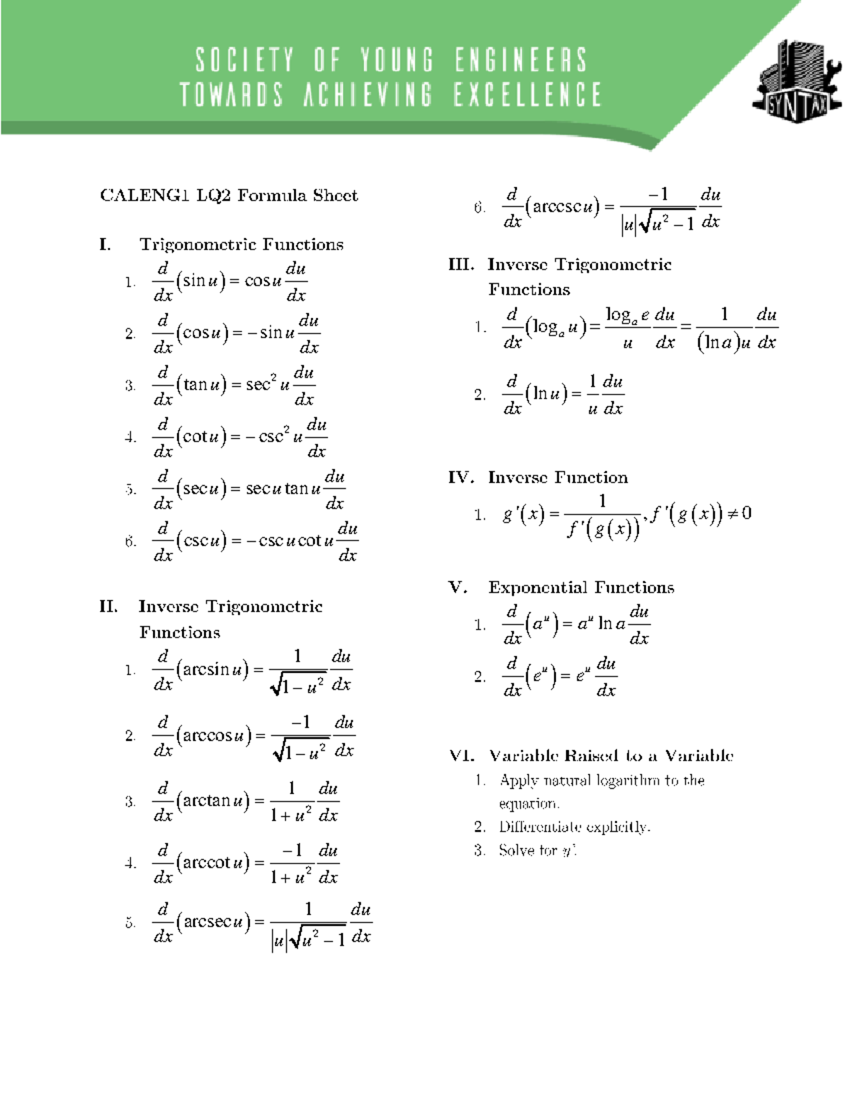 [Formula Sheet] CALENG: Differential Calculus - ( )sin cos d du uu dx dx = ( )cos sin d du uu dx ...