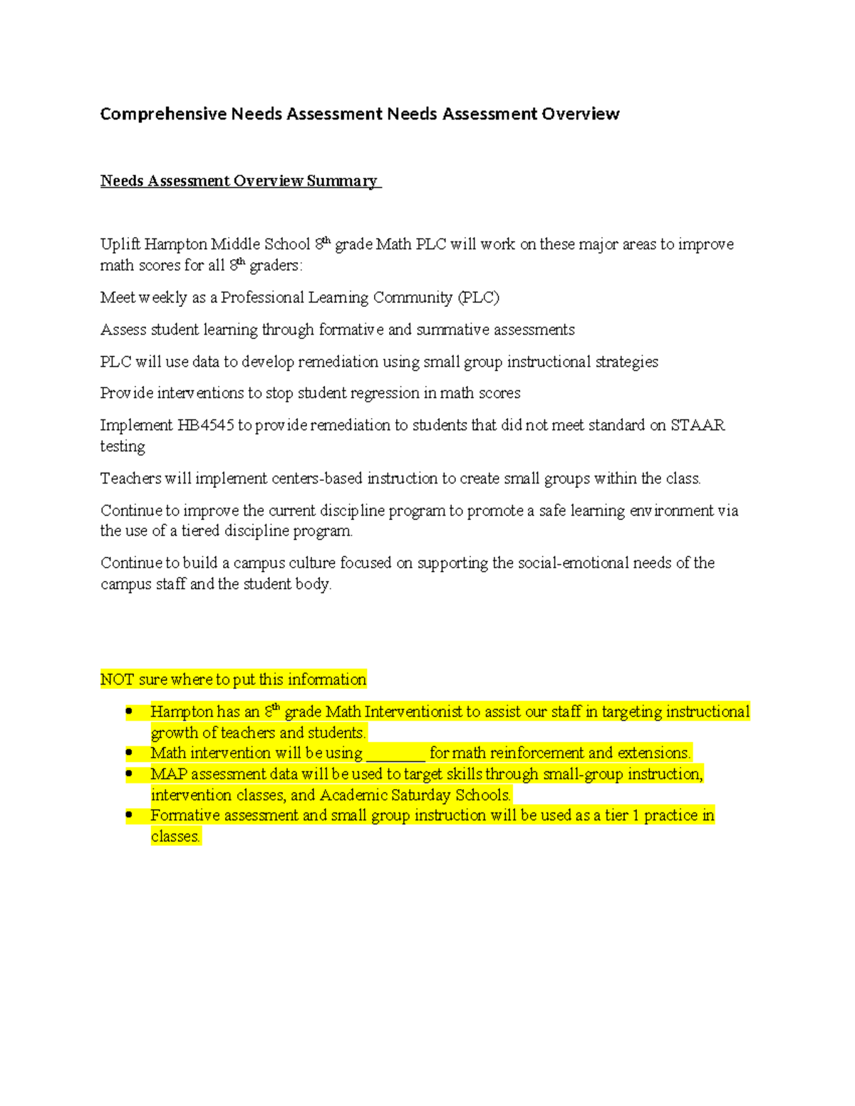 PLC Project - Comprehensive Needs Assessment Needs Assessment Overview ...