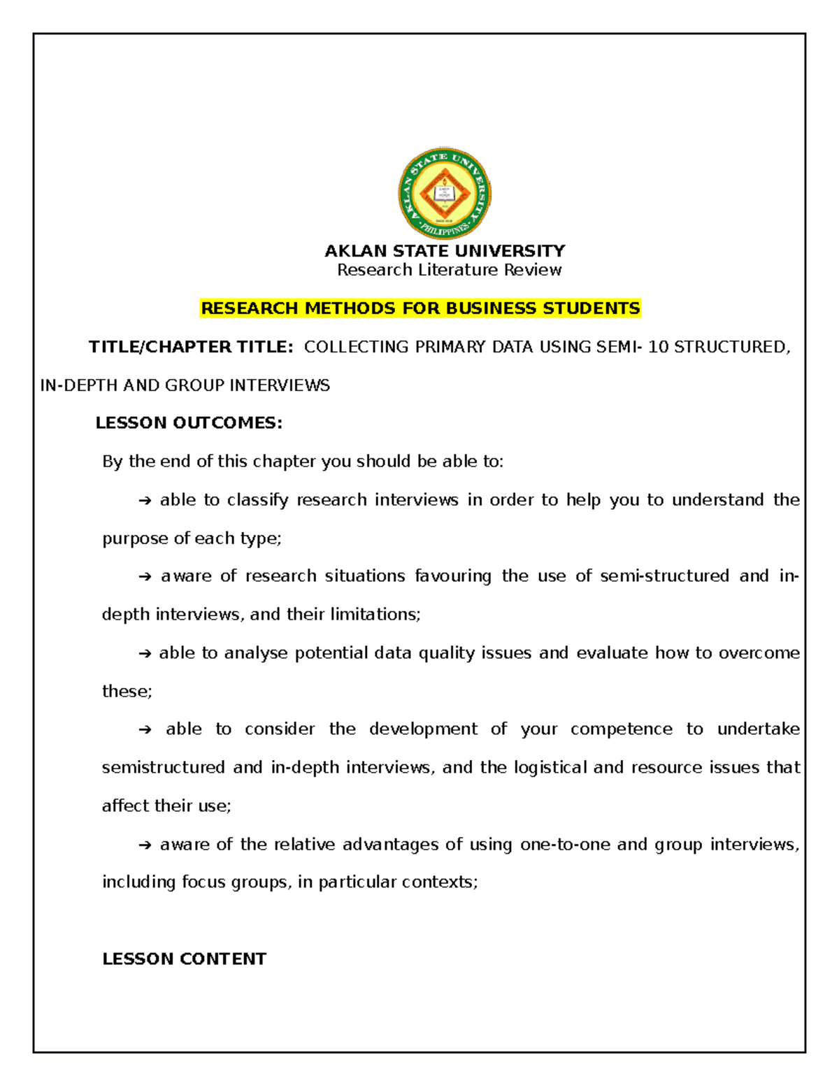 Collecting Primary DATA Using SEMI- 10 Structured, IN- Depth AND Group ...