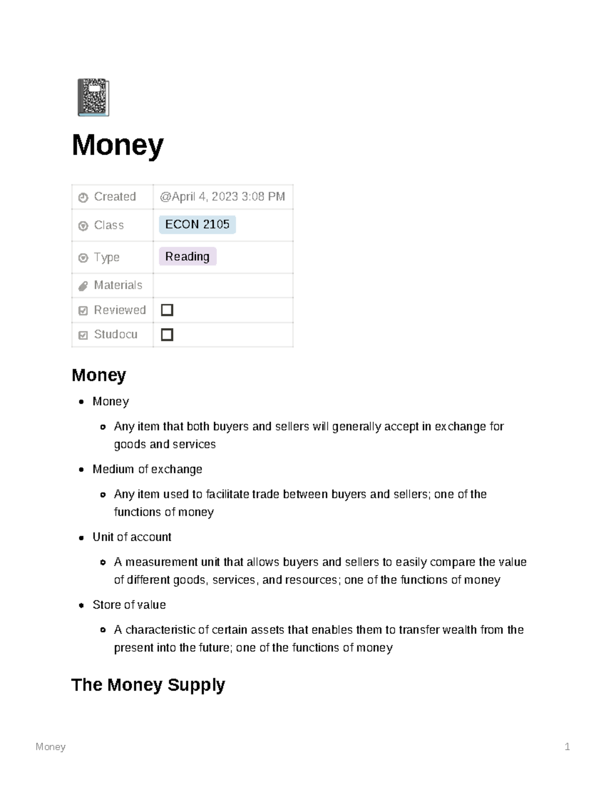 Money- ECON 2105 - Á Money Created Class ECON 2105 Type Reading ...