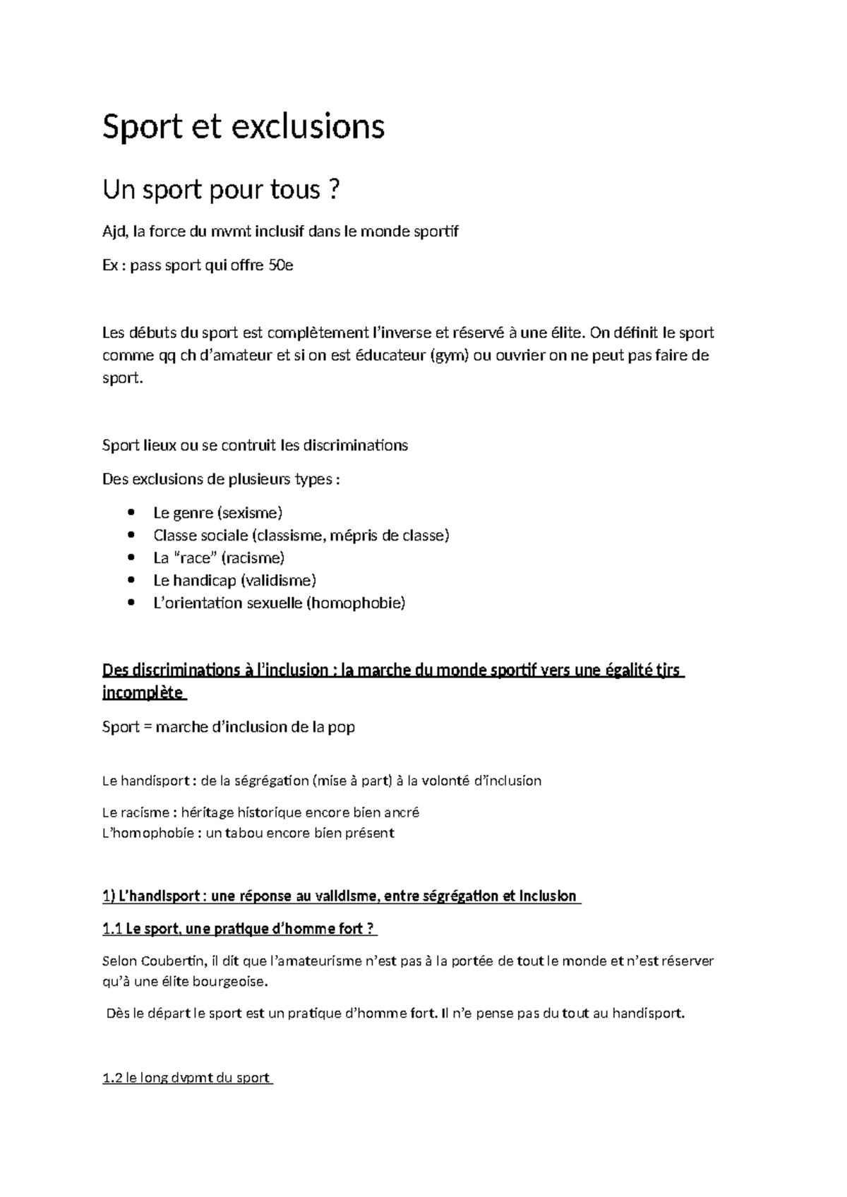 Sport et exclusions - cours - Sport et exclusions Un sport pour tous ...