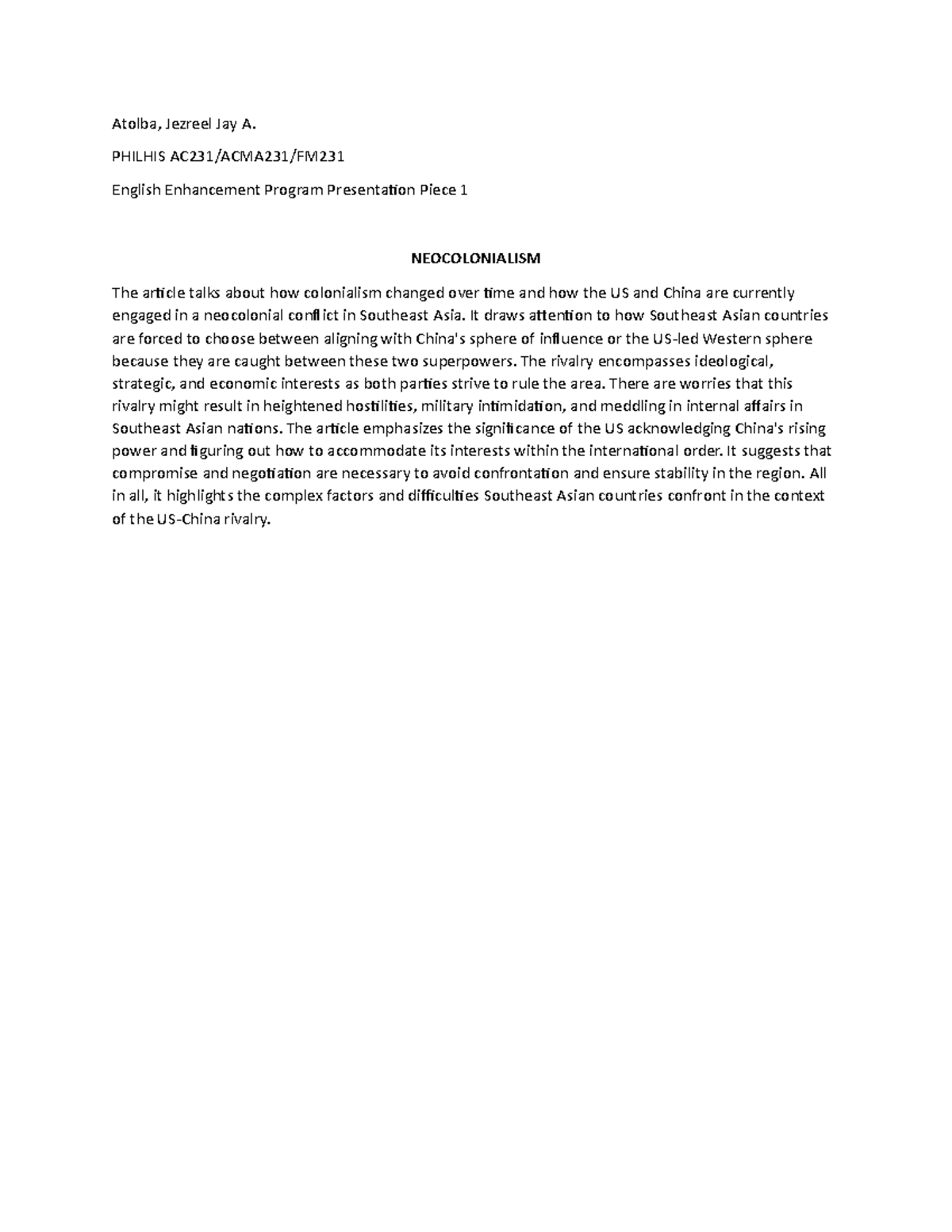 English Enhancement - Atolba, Jezreel Jay A. PHILHIS AC231/ACMA231/FM ...