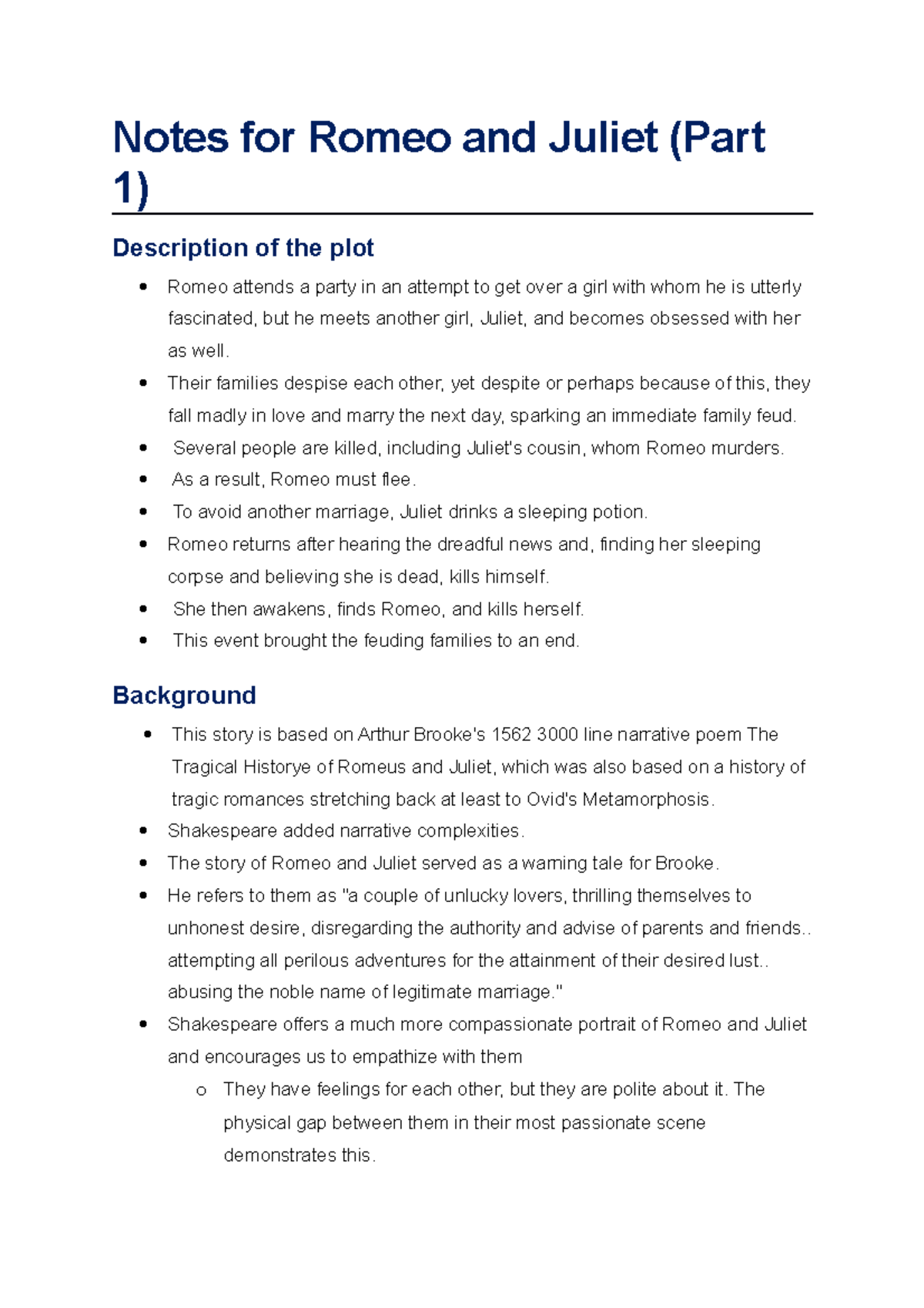Notes - Romeo and Juliet PART 1 (Description, Morality, setting ...